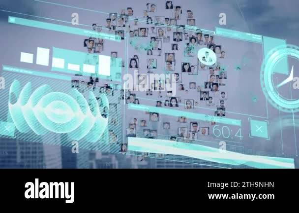 Animation of digital interface and pictures of people. global ...