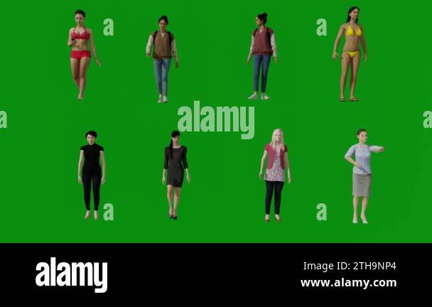 3D several different Asian female travelers green screen background ...