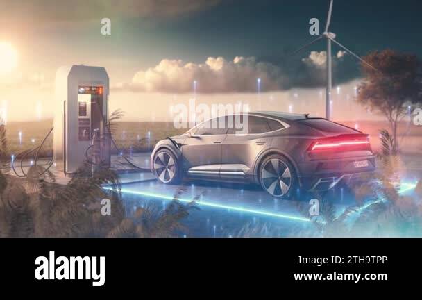 The video starts with an electric car pulling up to an electric gas ...