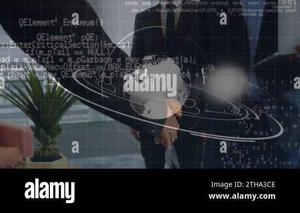 Animation of globe and data over diverse business people shaking hands ...