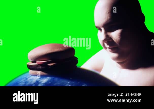 the fat man holds the earth in his hands. Obesity problem concept ...
