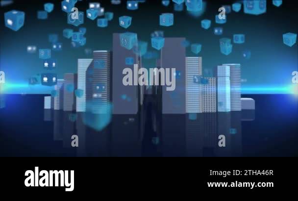 Animation of icons in 3d cubes and lens flares over model of buildings in background. Digitally ...