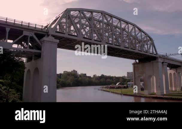 A train trestle bridge over the Cuyahoga River in Cleveland Ohio. The ...