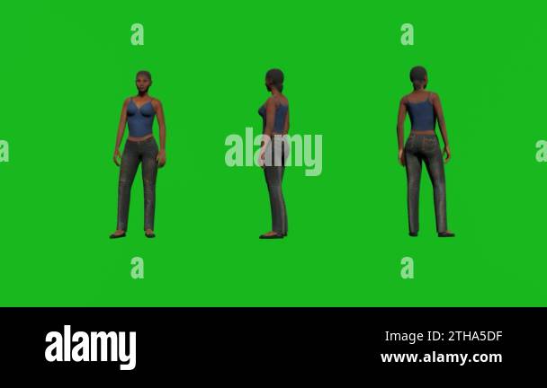 black woman walk and talk green screen people 3d render animation full ...
