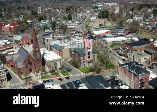 Northampton, Massachusetts, United States- April 14, 2022: Aerial zoom ...