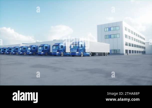 Generic 3d model of cargo trucks on warehouse parking. Logistic center ...