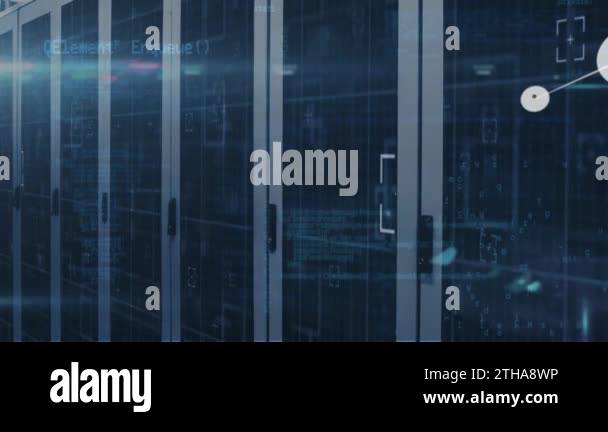 Animation of connected icons over computer language against server room in background. Digital ...