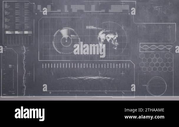 Animation of digital screen with globe, map, graphs, dna helix ...