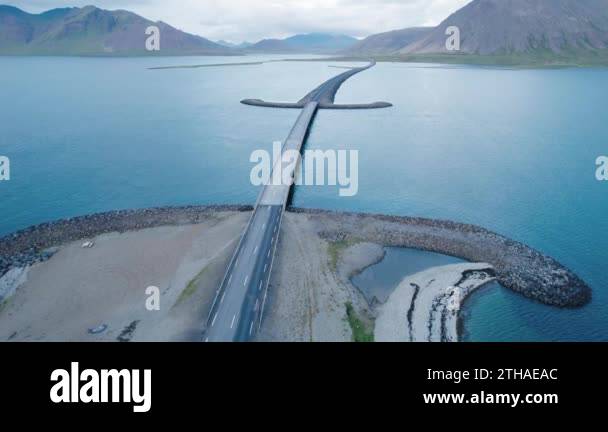 Drone Aerial of Kolgrafafjordur Sword Highway in Iceland. High quality ...