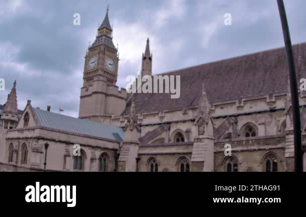 Stationary view of Big Ben behind building with blue sky background in ...