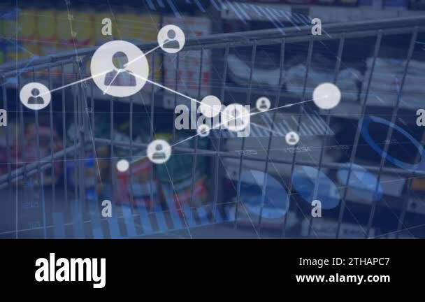 Animation of profile icons connecting with lines against pie chart, bar graph, cart in shopping ...