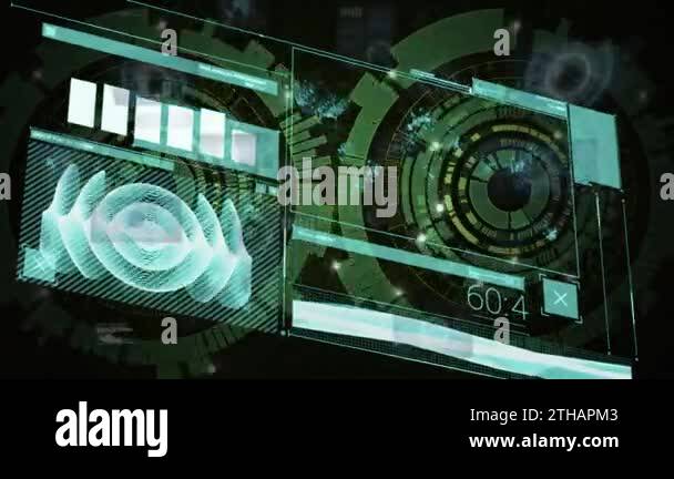 Animation of data with profile icons, graph over hud processing on digital interface. Digital ...