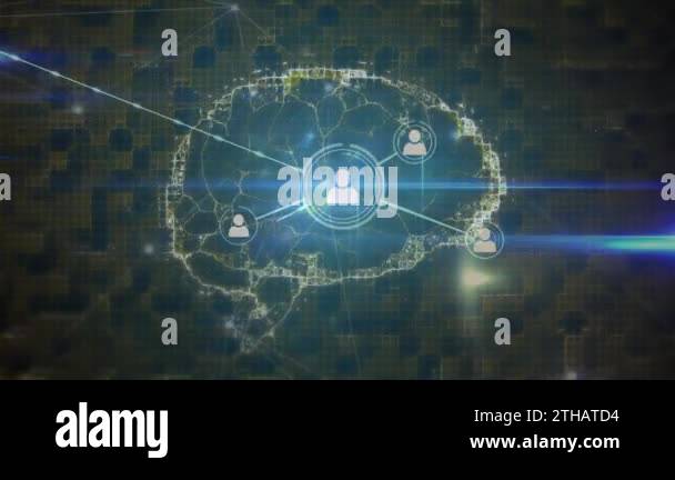 Animation of connected dots and lens flares over human brain against ...