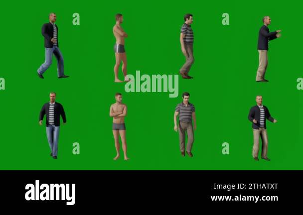 3d four employees different vacations green screen talking and walking ...