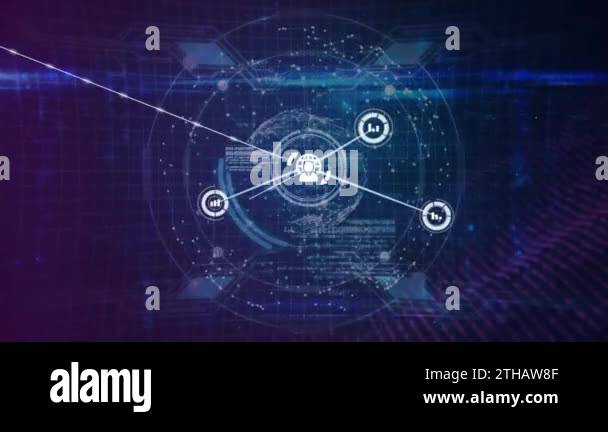 Animation of connected icons, dots forming globe and computer language against abstract ...