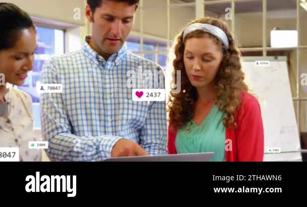 Animation of social media and notification icons over diverse happy ...