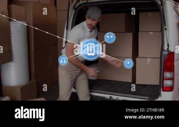 Animation of network of digital icon over caucasian male delivery man ...