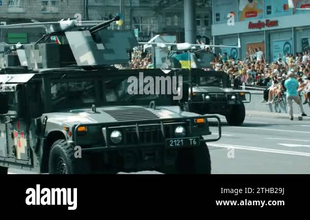 Kyiv, Ukraine 08.24.2021 Hummer HMMWV carries an unmanned aerial ...