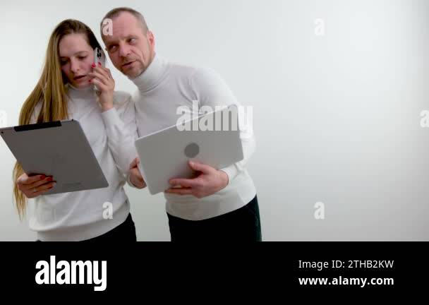 banner man woman tablet Happy People Pointing With Fingers Show and ...