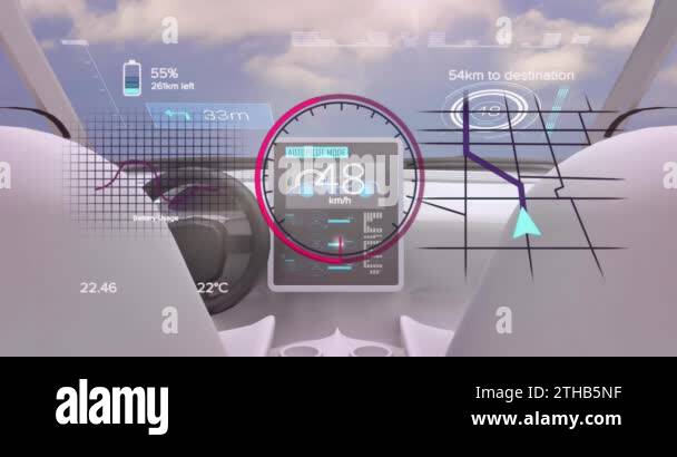 Animation of changing numbers in speedometer, arrow on map pattern and ...