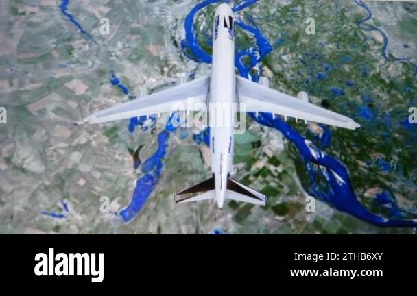 4k airplane model 3d render, flying map with airbus plane of computer ...