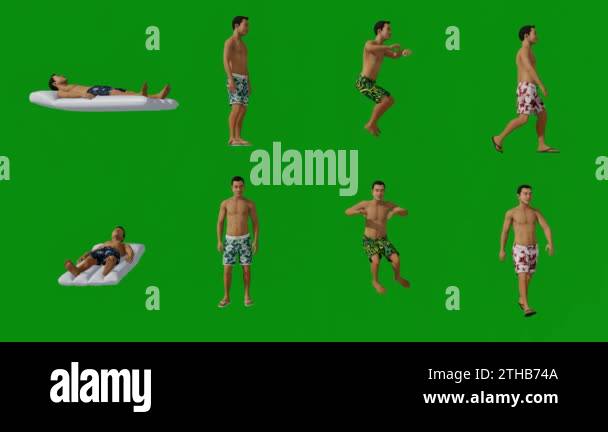 3d people green screen animated man by beach and swimming pool walking ...