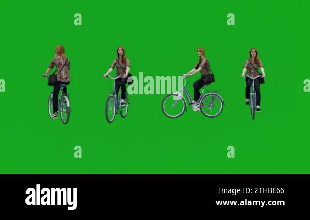 3D American mother riding bicycle green screen with 4 different views ...