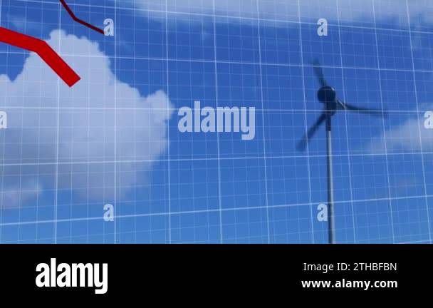 Animation Of Falling Red Graphs Over Rotating Windmill Against Cloudy
