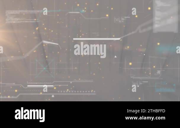 Animation of yellow spots floating over interface with data processing against grey background ...