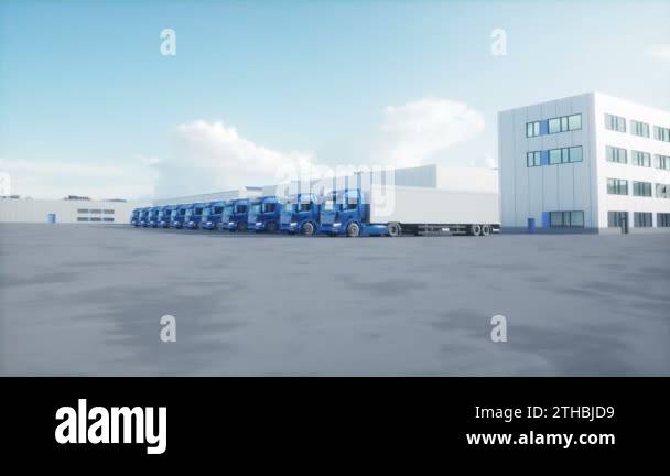 Generic 3d model of cargo trucks on warehouse parking. Logistic center ...
