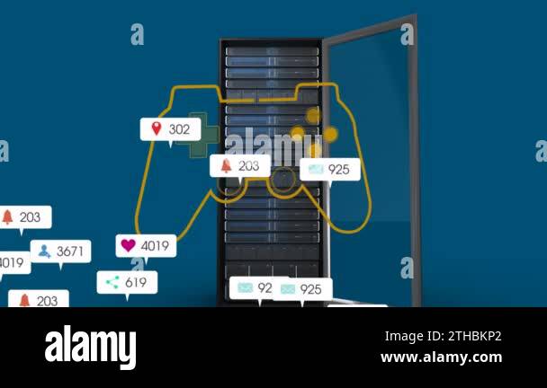 Animation of social media icons and video game console over server ...