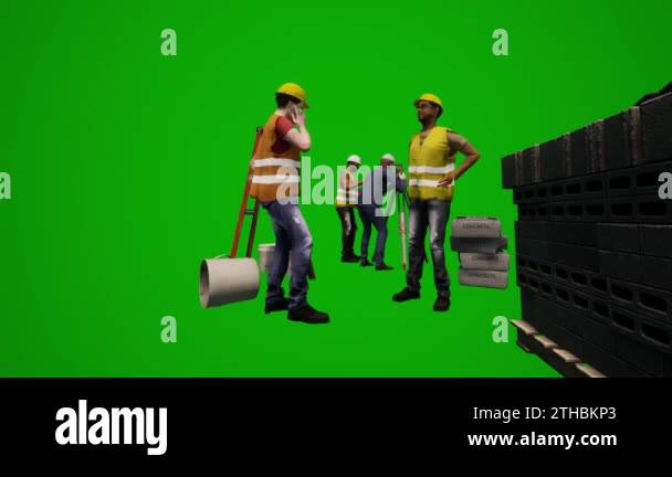 3D several construction workers in green screen are on the phone and ...