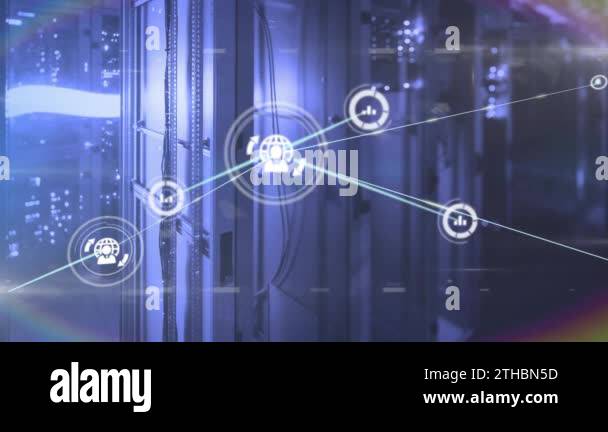 Animation of connected profile icons over illuminated server room. Digital composite, multiple ...