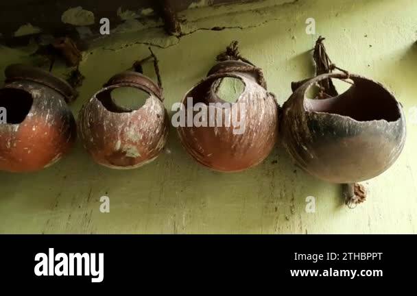 Pigeon's nest. This nest is made from clay pots. Indian traditional ...