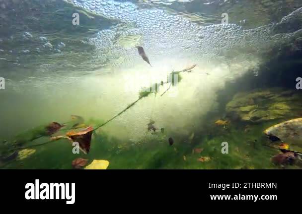Slow motion underwater just beyond break of a waterfall. Bubbles ...