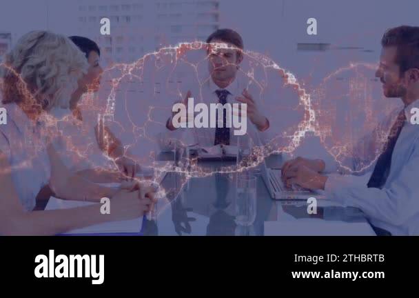 Animation of human brain and dna moving over multiracial colleagues ...