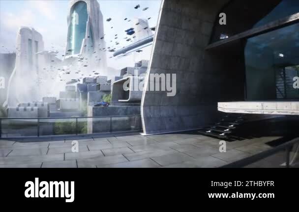 Futuristic city. flying car traffic. megapolice. Future concept ...