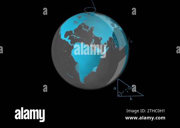Animation of mathematical equation and diagrams over globe against ...