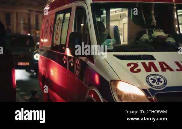 Parked ambulance car with flashers on the road at night. Ambulance ...