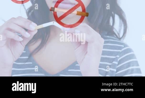 Animation of lit cigarettes with no smoking signs over biracial woman ...