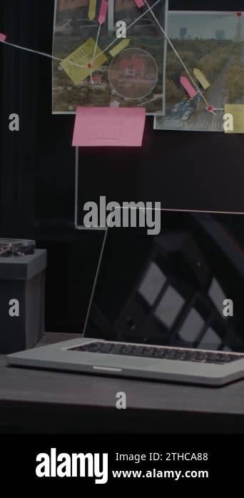 Vertical video: Empty evidence room equipped with clues and witness ...