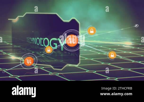 Animation of lock, cart icons connecting dots, text, bright light, grids on digital interface ...