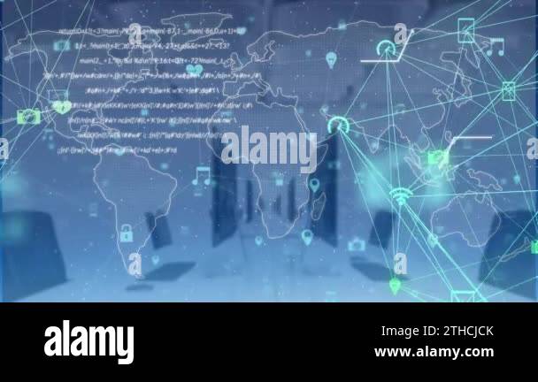 Animation of connected icons with computer language and map against ...