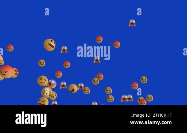 Animation of multiple 3d emoticons floating against blue background ...