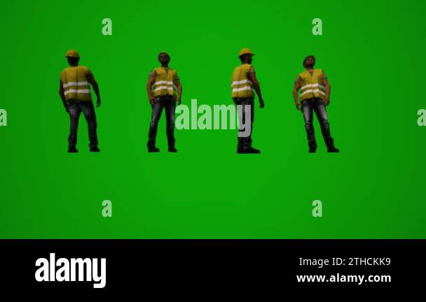 3D several different factory workers green screen background talking ...