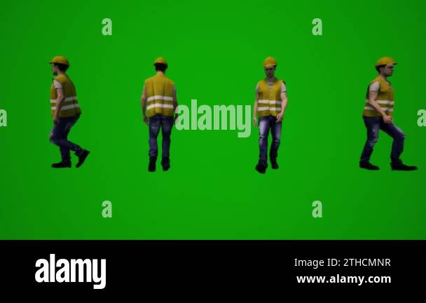 3D several architects and construction workers green screen walking and ...