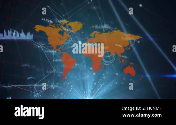 Animation of connected icons with graphs over map and numbers against abstract background ...