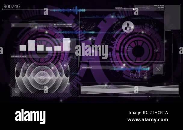 Animation of data with profile icons, graph over hud processing on digital interface. Digital ...