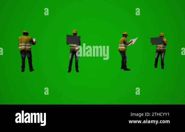 3D several architects and construction workers green screen walking and ...