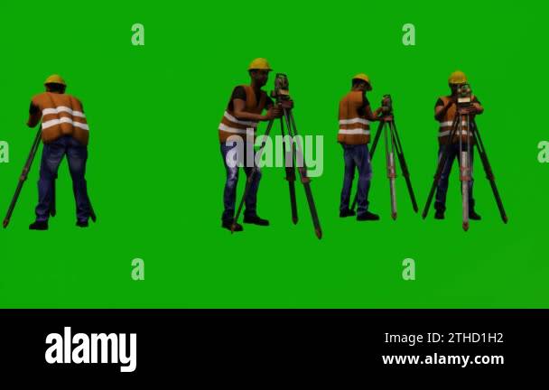 3D several architects and construction workers green screen walking and ...